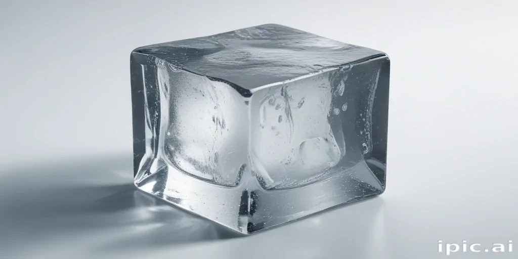 A Clear Ice Cube Glimmering Under Soft Light on a Smooth Surface.
