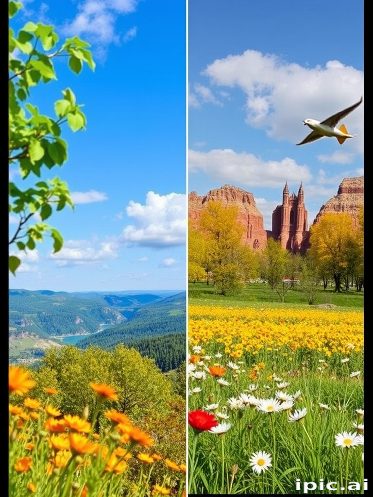 Stunning Split Landscape: Lush Mountains and Vibrant Flower Fields ...