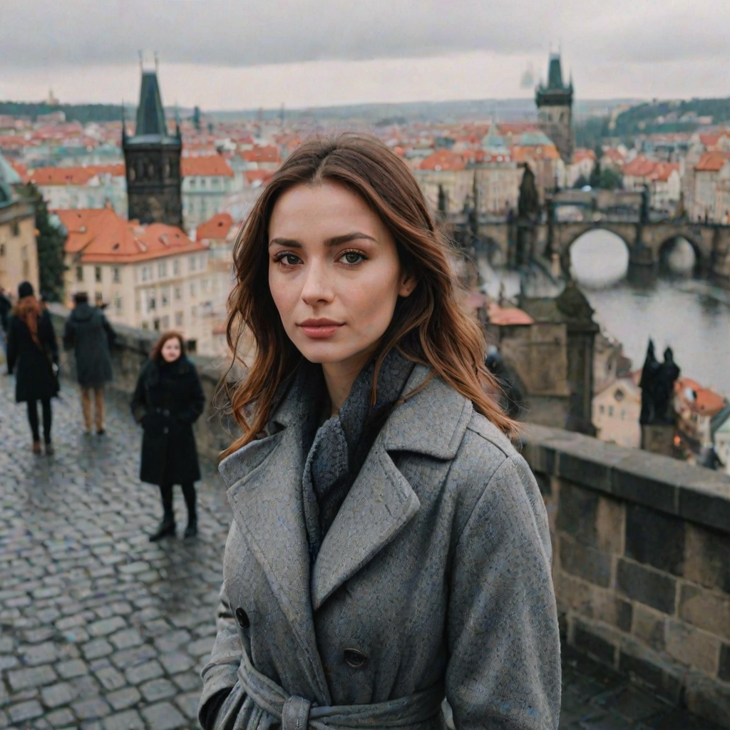 A Beautiful Young Woman Posing Against the Stunning Prague Cityscape ...