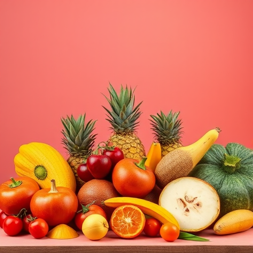 A Vibrant Display of Fresh Fruits and Vegetables on a Colorful Background