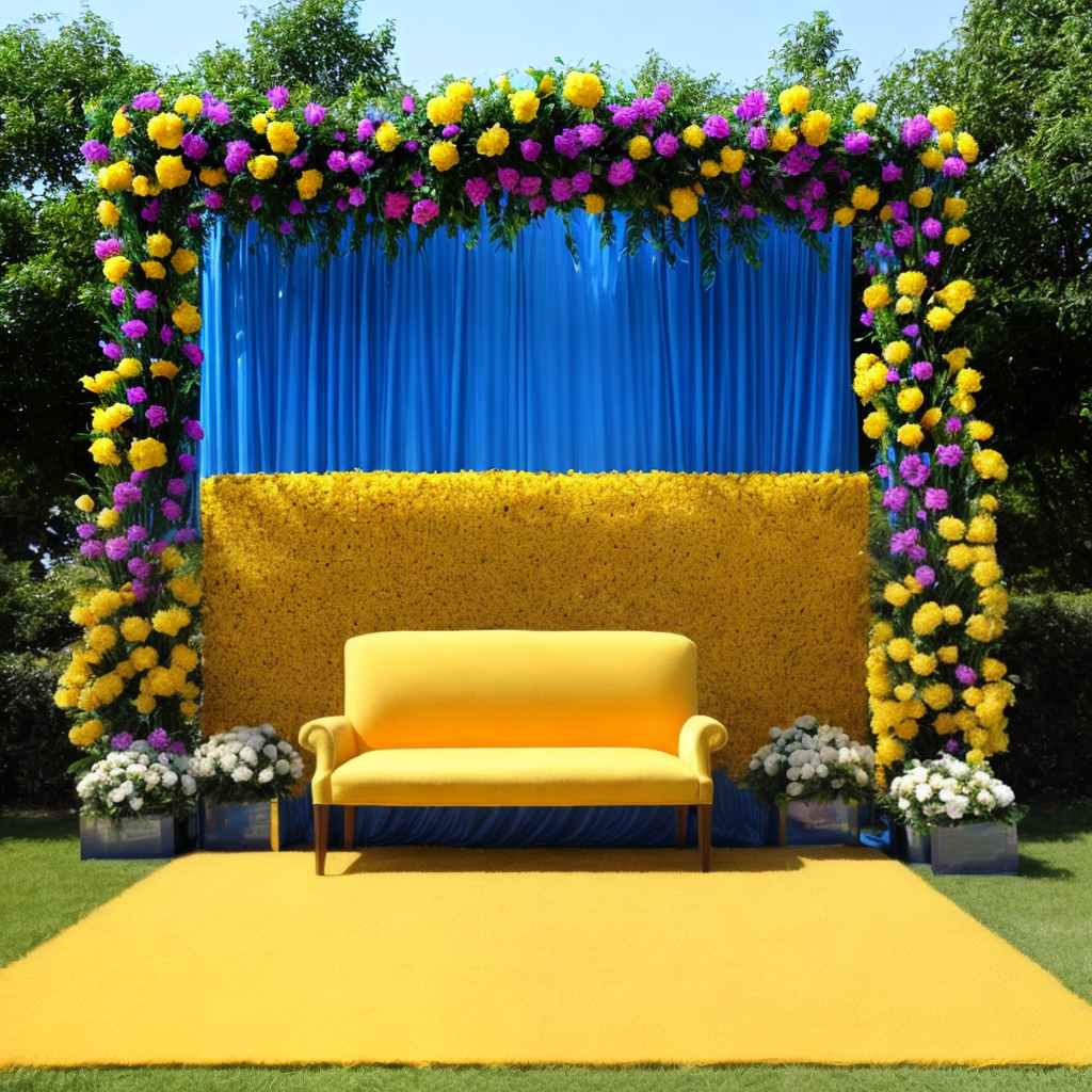 create me a couple seating stage with sofa and havey decorated backdrop ...