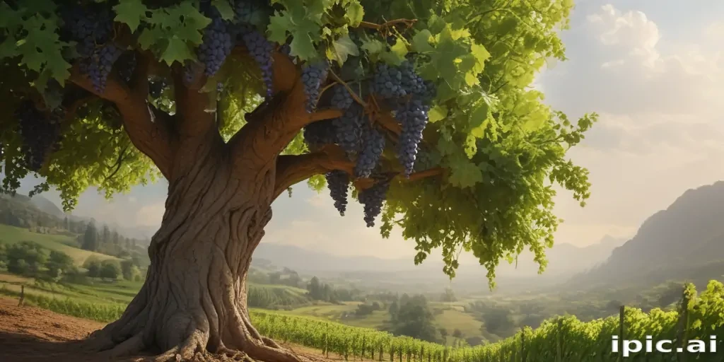 A Majestic Grape Vine Tree Overlooking a Lush Vineyard Landscape.