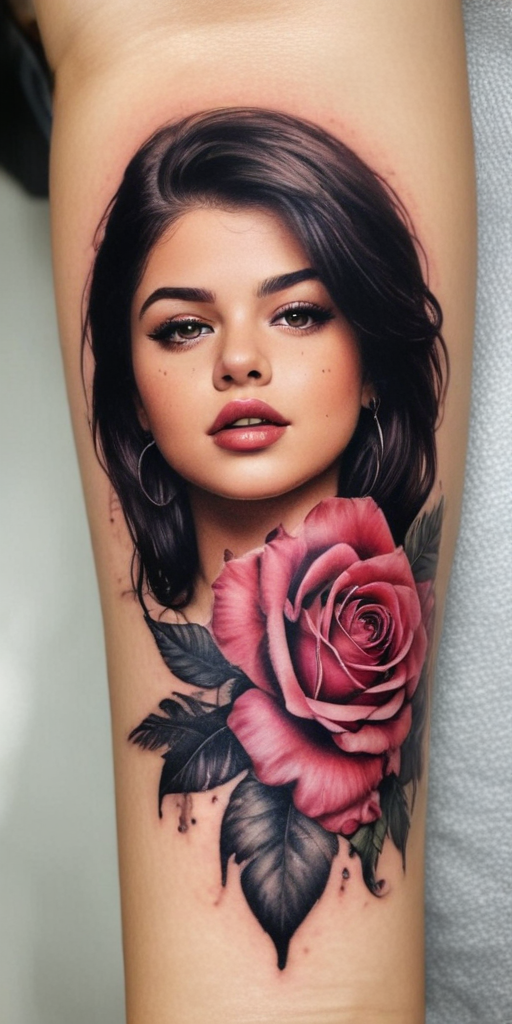 Stunning Tattoo of a Young Woman Surrounded by a Beautiful Rose