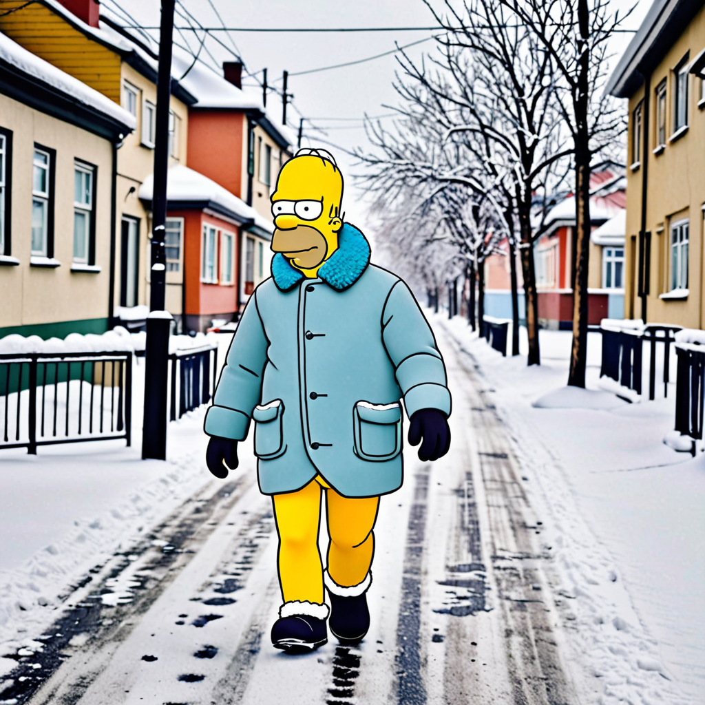 Russian Homer SImpson, clad in a ushanka and a warm coat, begins his ...