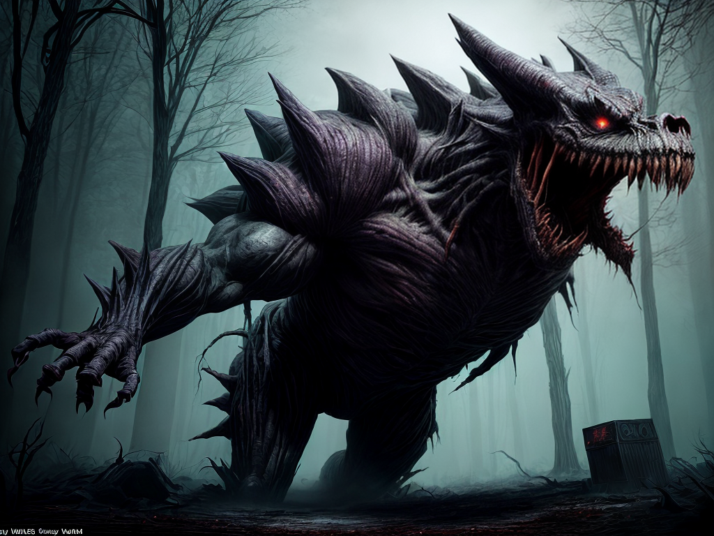 Create a representation of a malevolent and colossal creature emerging ...