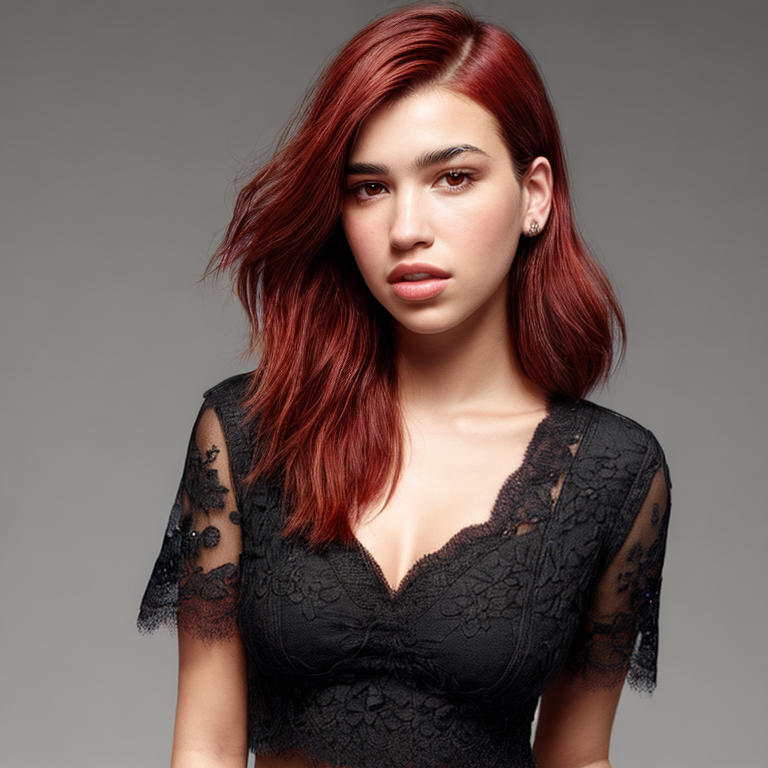 realistic dua lipa with red hair on black background