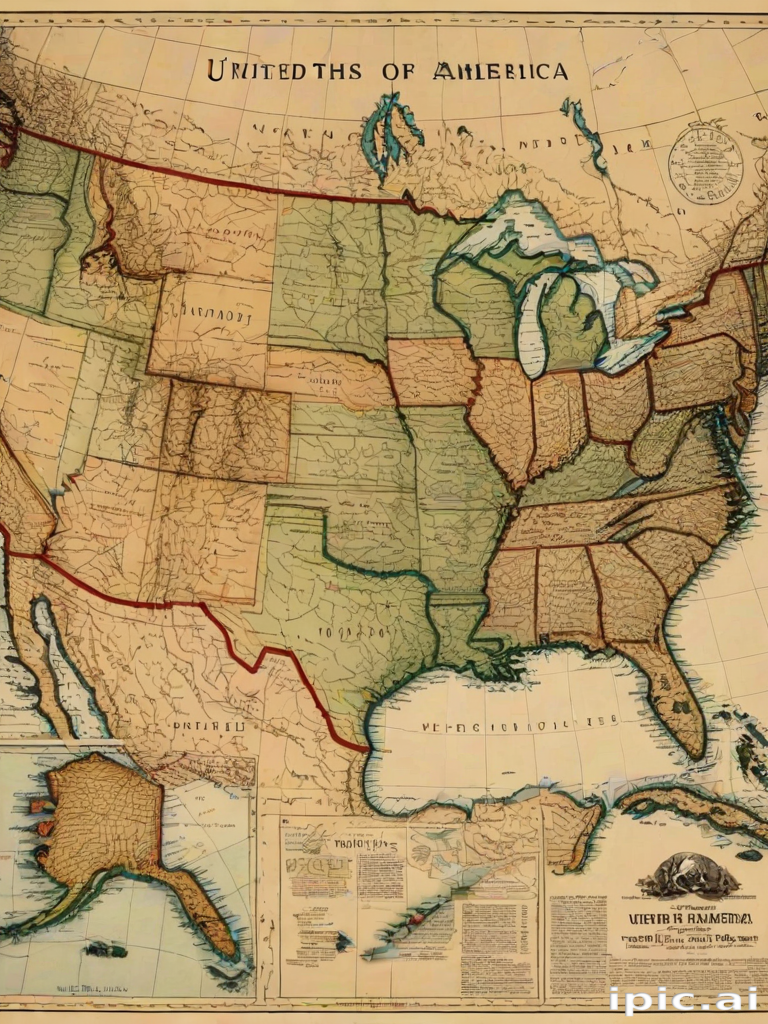 Historical Map of the United States Highlighting Geography and State ...
