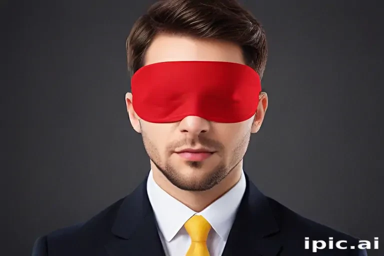 Man in a Suit Wearing a Red Blindfold with a Serious Expression