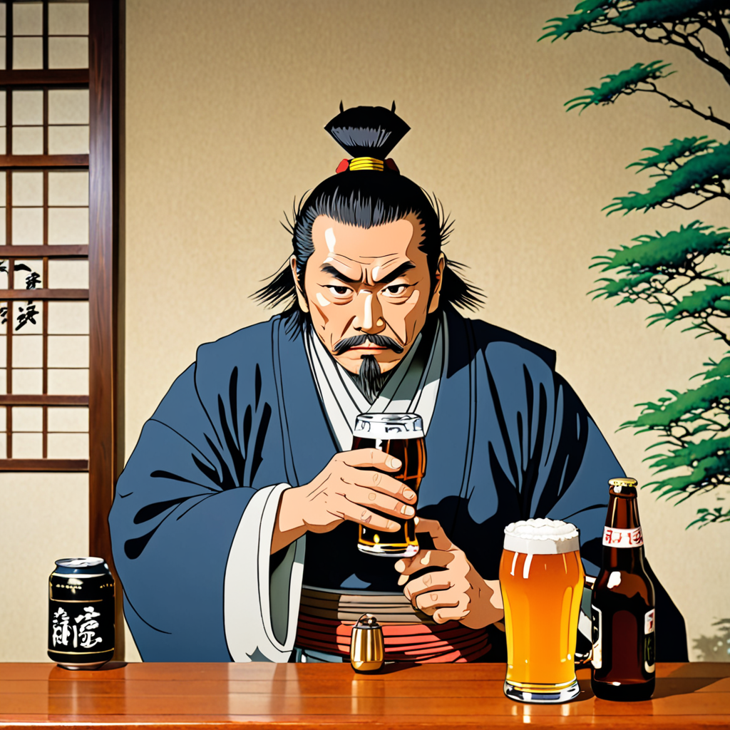 samurai drinking tall beer studio ghibli style