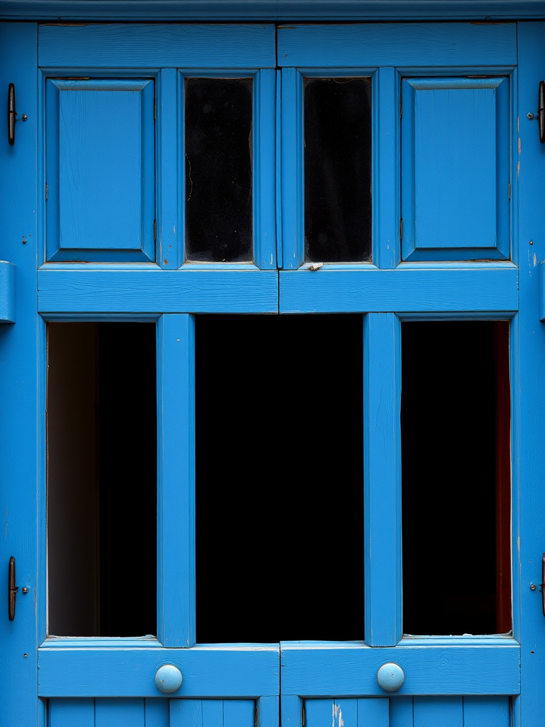 Vibrant Blue Double Door with Glass Panes and a Dark Interior