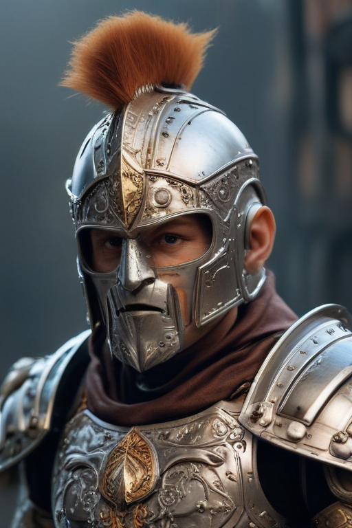 fantasy dwarf gladiator in hoplite armor with ornate helmet and steel mask