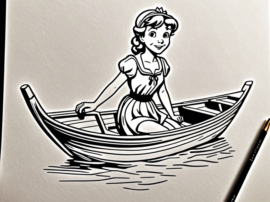 Wendy Darling fron cartoon Peter Pan in a boat line art