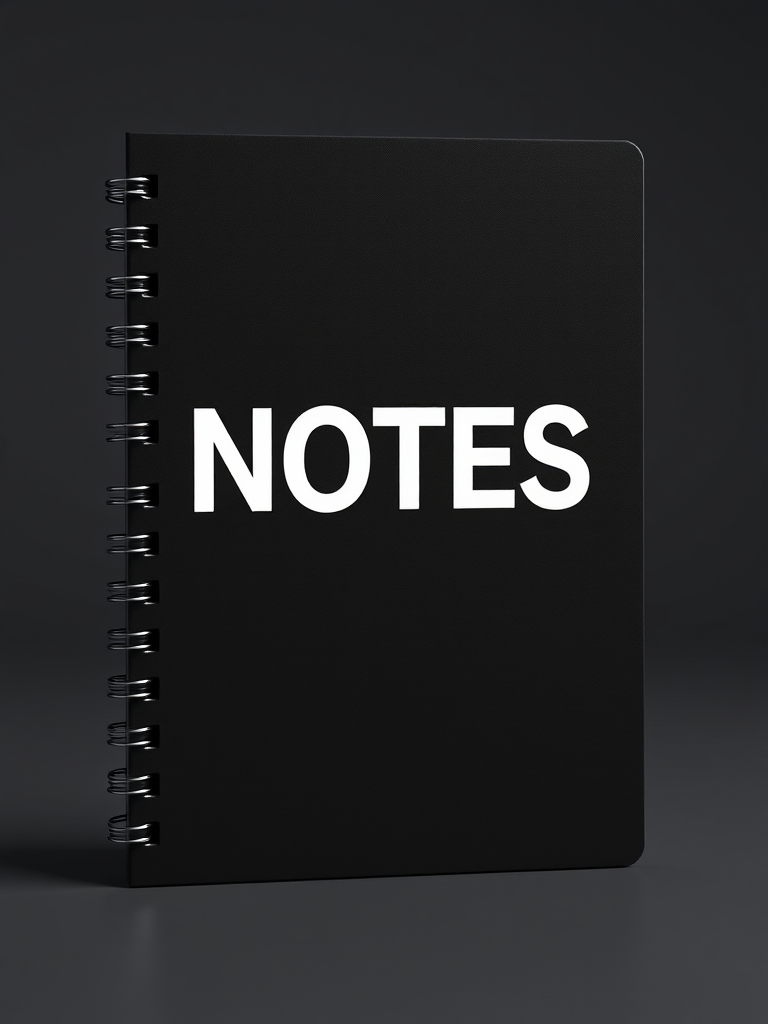 Simple Black Spiral Notebook with Bold White Letters Reading 'NOTES'
