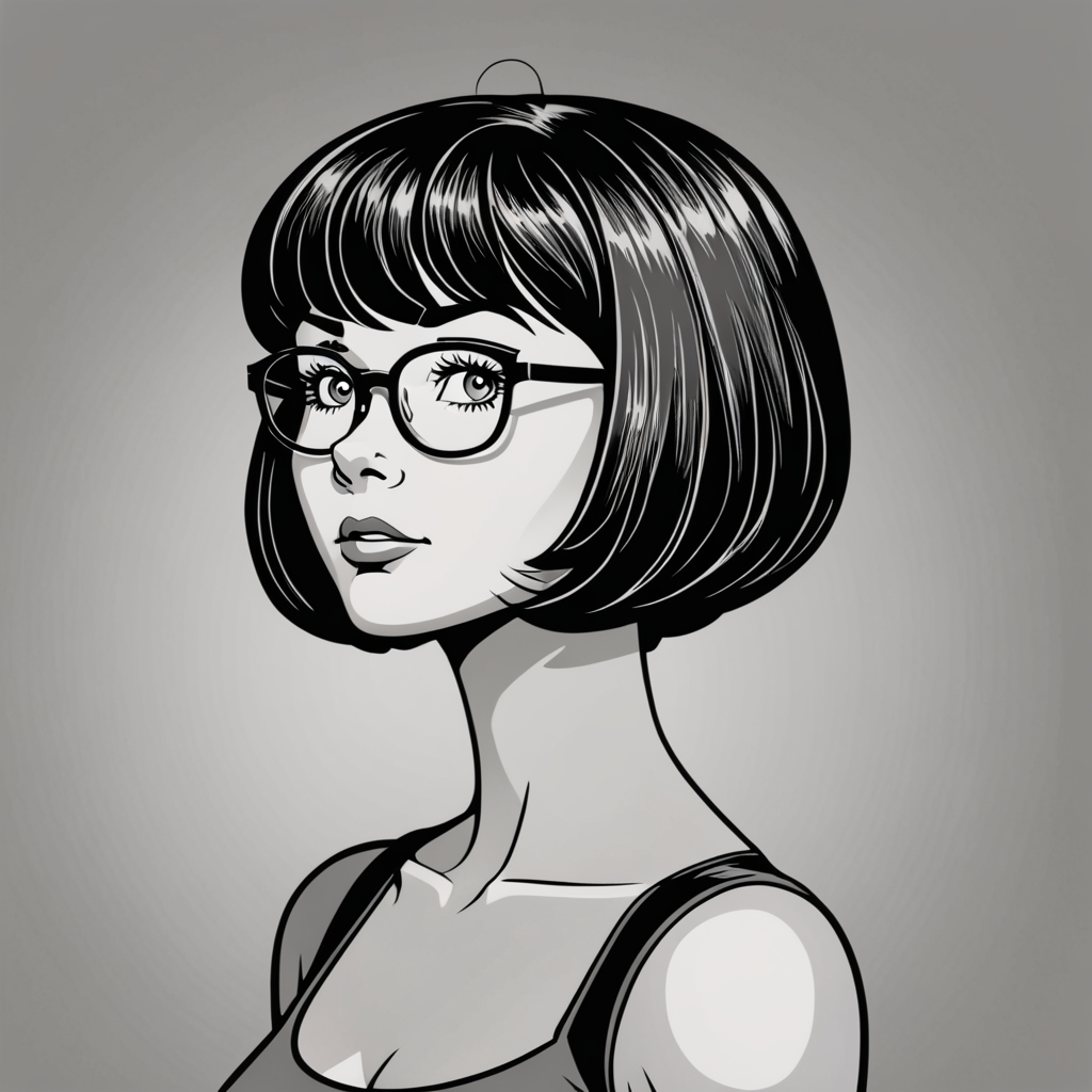 Velma Dinkley fron cartoon Scooby-Doo line art. Profile view.