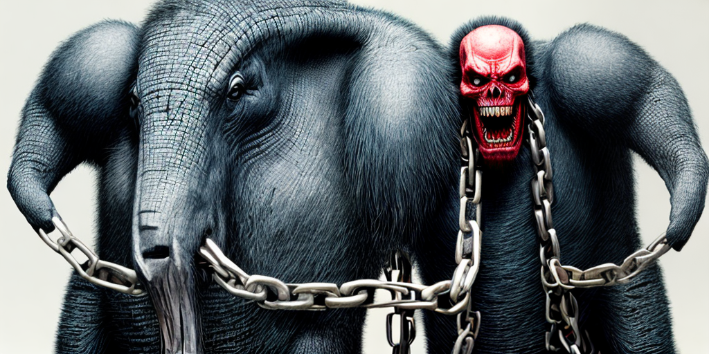 A frightening monster, lifted by chains, with a hideous smile ...