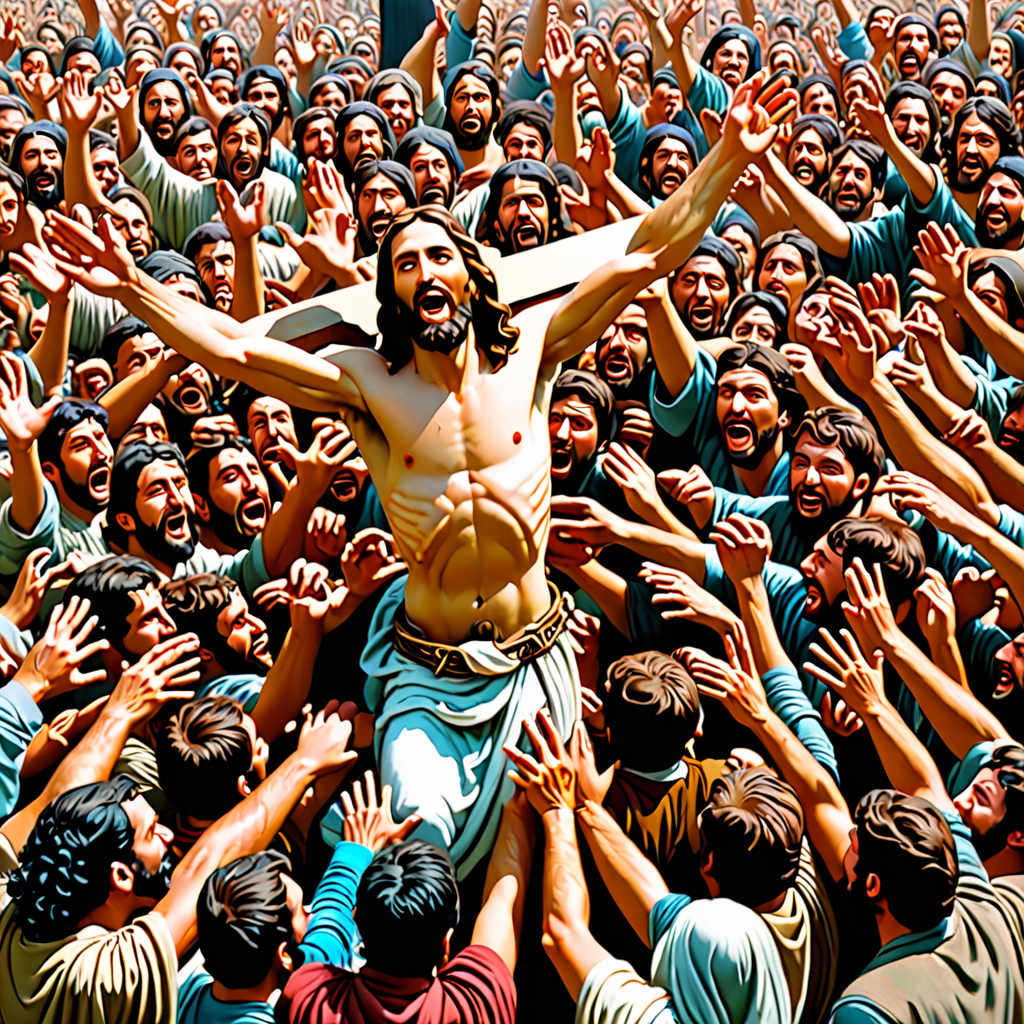 Hyper realistic photo jesus flying with a cross over a crowd