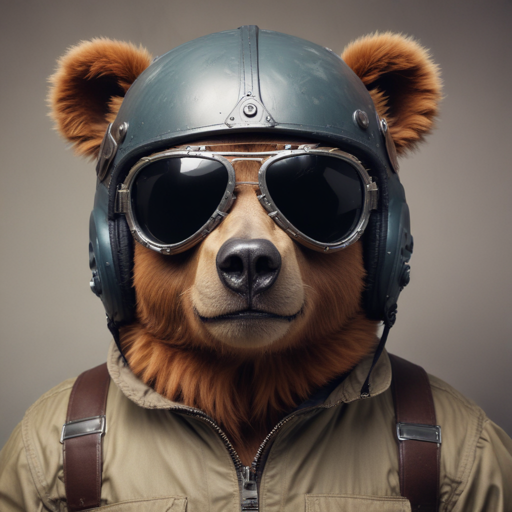 Bear with aviator helmet and aviator mask