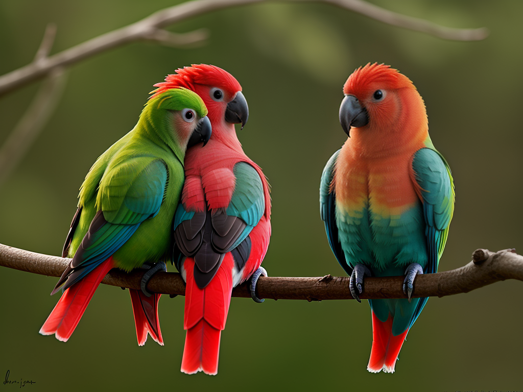 Three Colorful Parrots Nestled Together on a Branch in Nature.