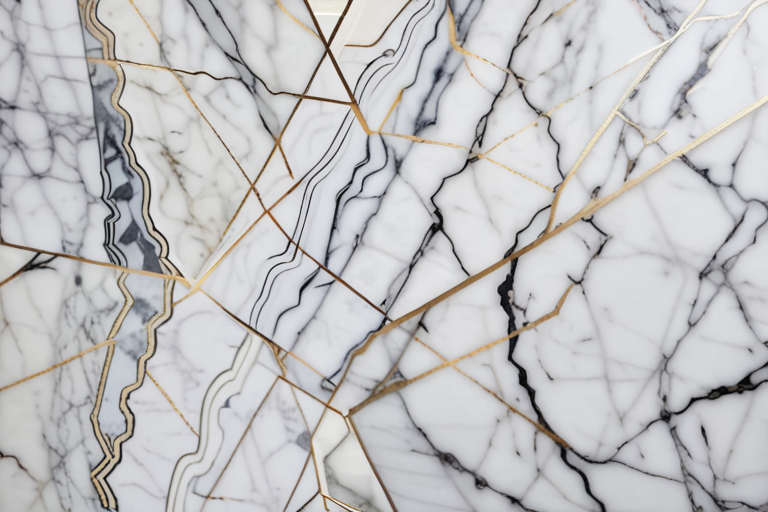 Elegant White Marble with Intricate Black Veins and Golden Accents Design.
