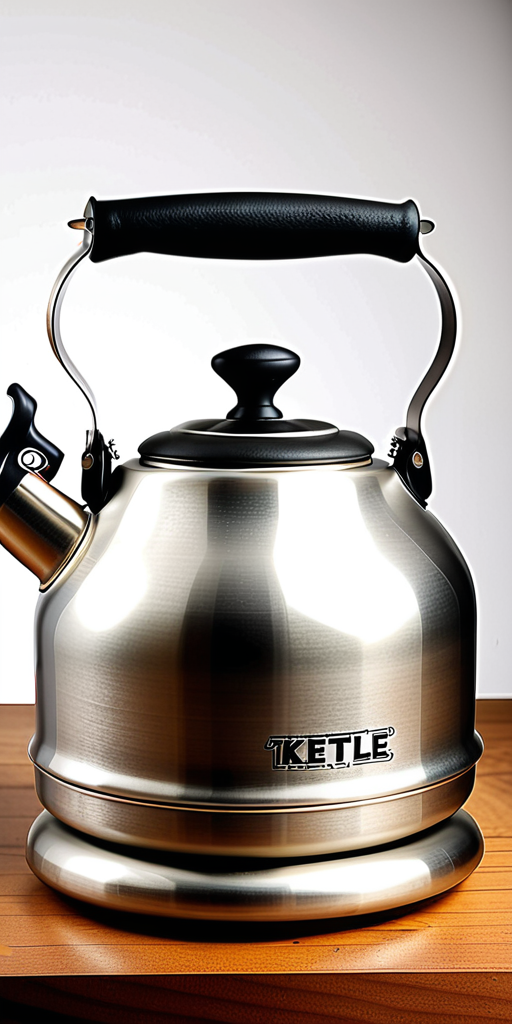 Shiny Stainless Steel Kettle with a Black Handle on Wooden Surface