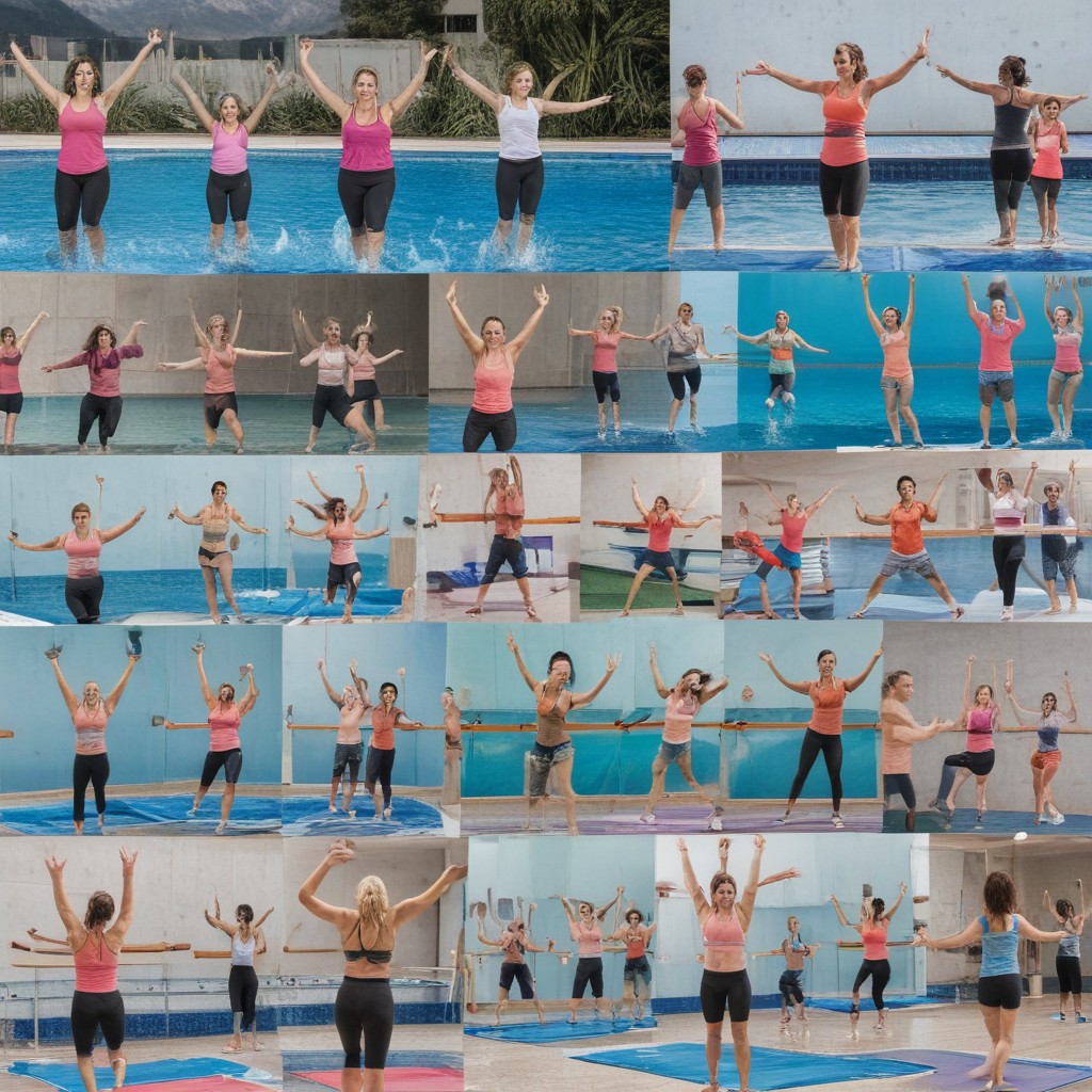 un collage de aquagym, deportes y zumba