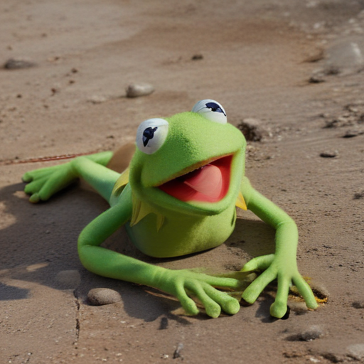 kermit the frog laying down on ground with his face facing the sky