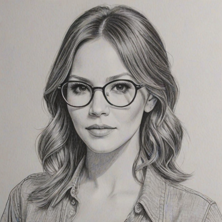 Intricate Pencil Drawing of a Young Woman with Glasses and Stylish Hair
