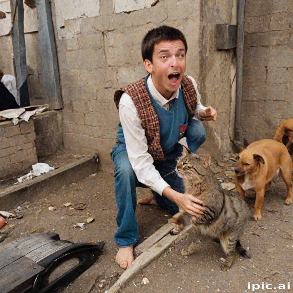 A Joyful Moment: Man Playfully Interacting with Cats and Dogs Outdoors.