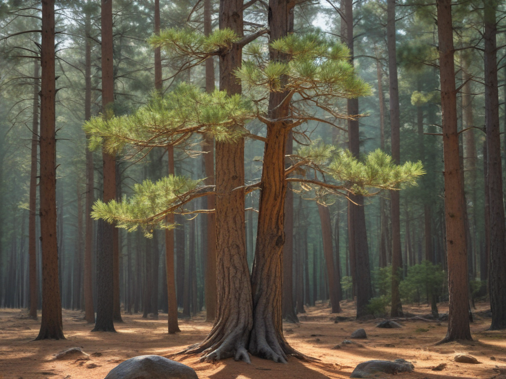 A Serene Forest Scene Featuring a Majestic Tree Surrounded by Pines