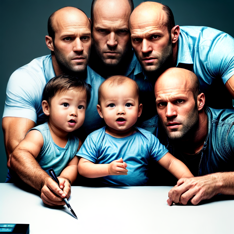 Baby with exact Jason Statham face and two men all with faces of Jason ...