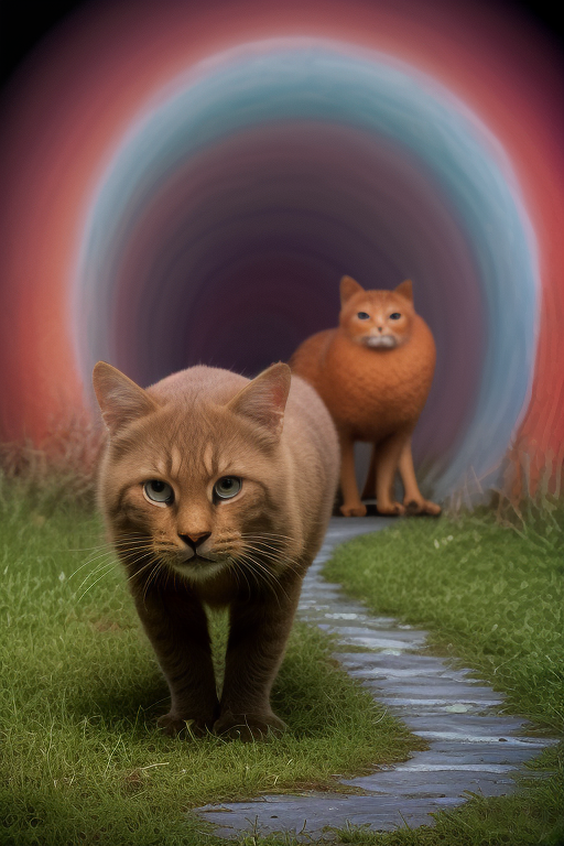 Two Unusual Cats Strolling Together Through a Colorful Magical Tunnel