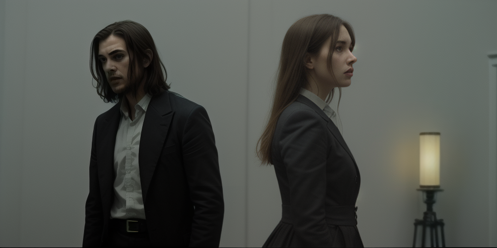 Two Characters in a Dimly Lit Room Engaged in Silent Tension