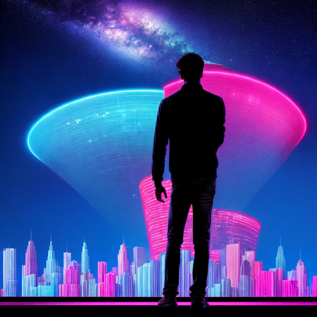 A male singer in silhouette on a neon stage futuristic theater, with a ...