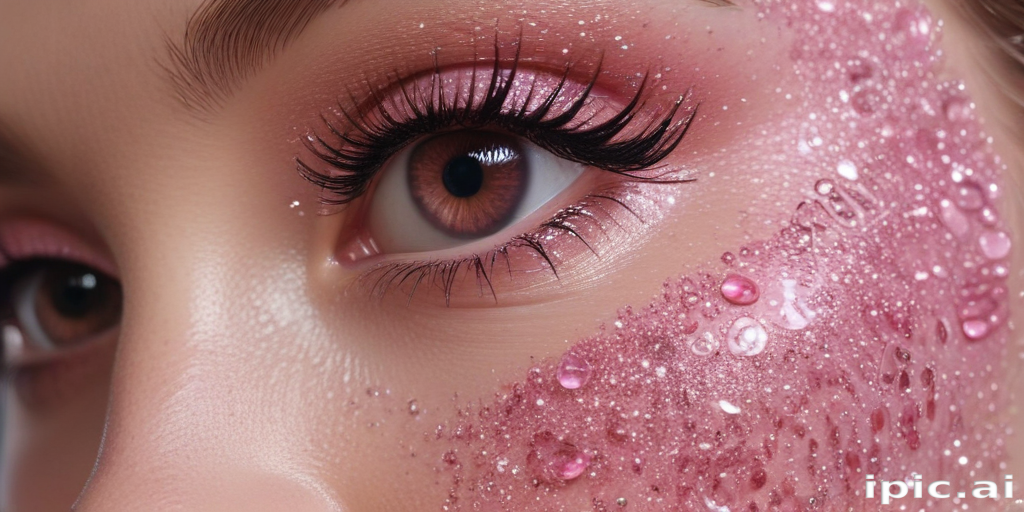 Close-Up of an Eye with Sparkling Pink Makeup and Water Droplets