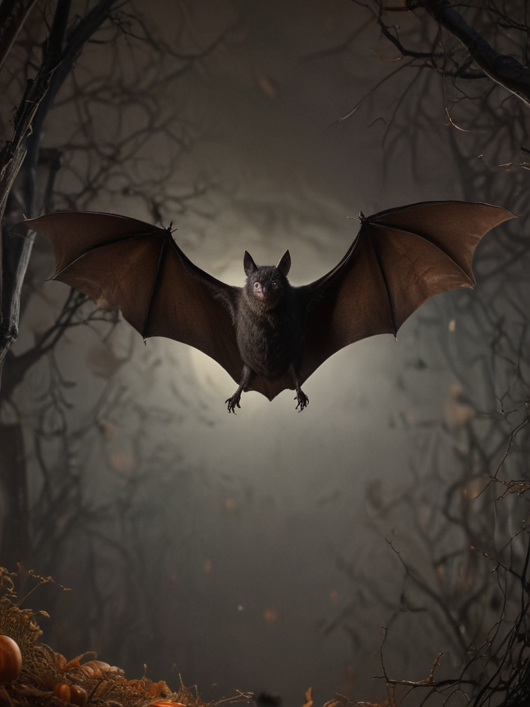 A Mysterious Bat Soars Through a Spooky Autumn Forest Scene