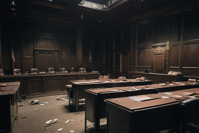 post-apocalyptic destroyed courtroom in the dark