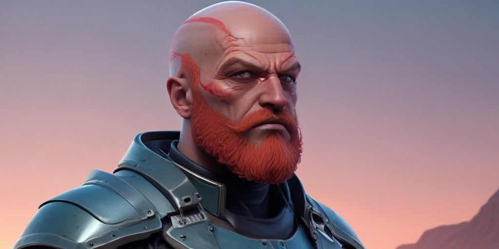 A synthwave knight with a bald head, and red beard holding his helmet ...