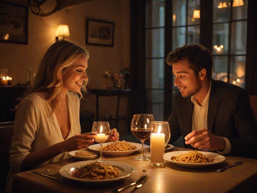 A Romantic Candlelit Dinner for Two with Pasta and Wine.