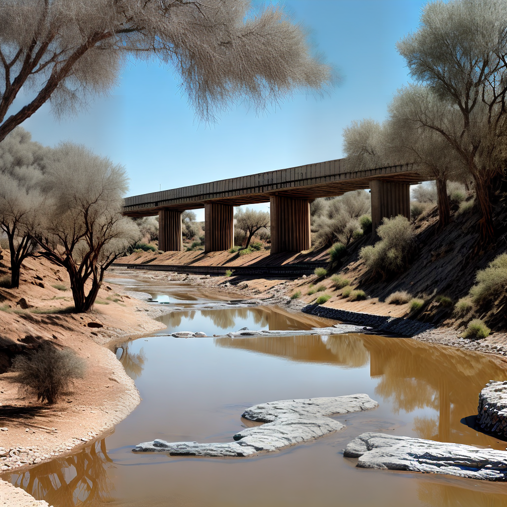 dry river with long industrial bridge in the background, sparse dried ...