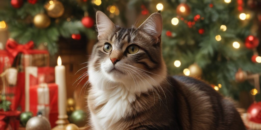 A Cozy Christmas Scene Featuring a Cat Surrounded by Festive Decorations.