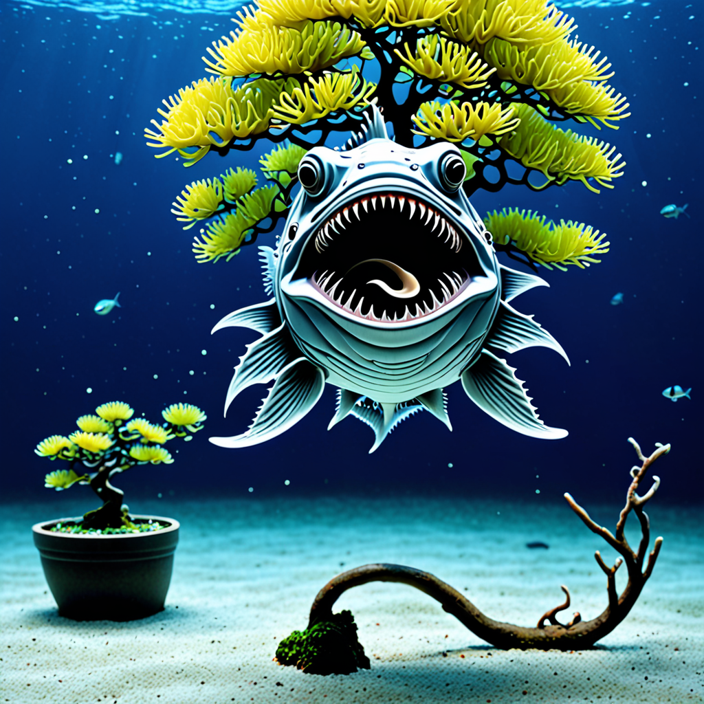 Cartoon angler fish eating a bonsai tree in the depths of the sea