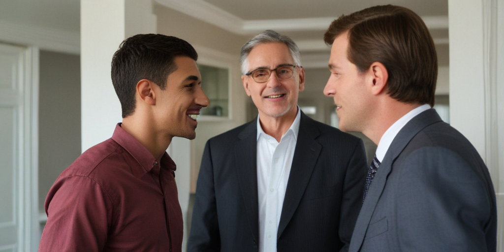 three men talking in house