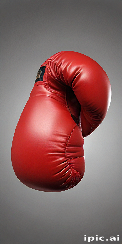 Shiny Red Boxing Glove Hanging Against a Smooth Gray Background