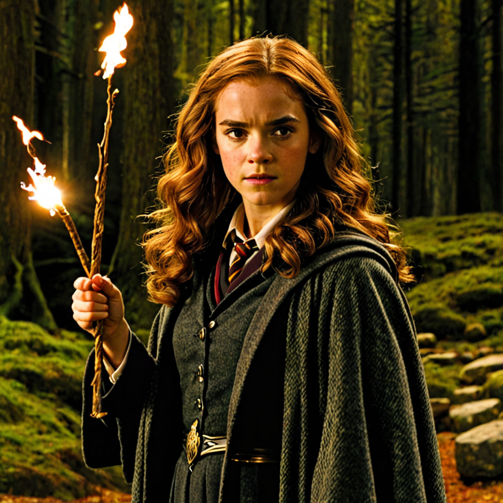 Hermione Granger casting spells at Ron Weasly with 2 wands