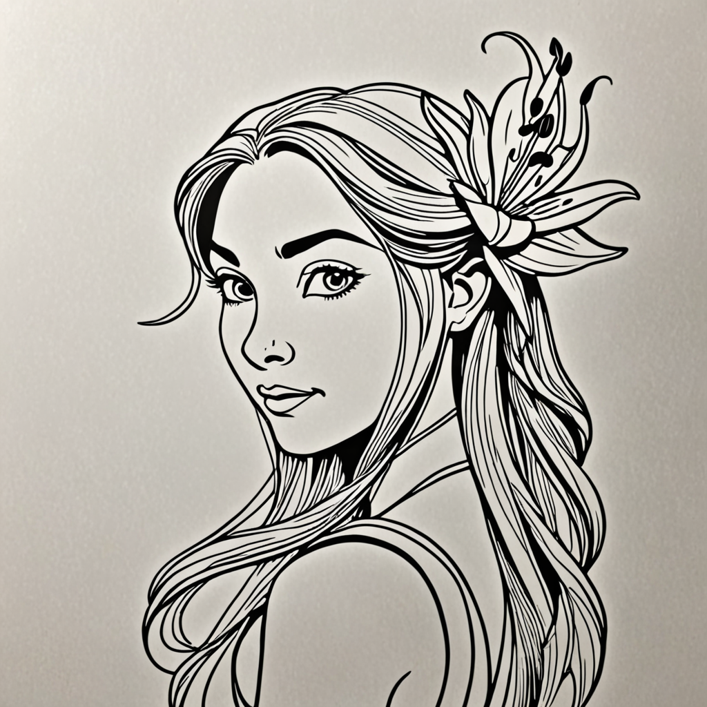 Tiger Lily from cartoon Peter Pan line art. Profile view.