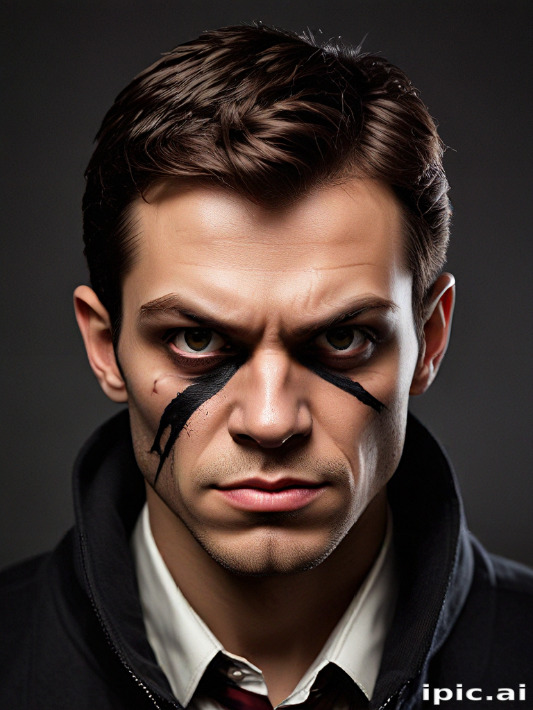 Intense Portrait of a Dark Hero with Striking Makeup and Expression