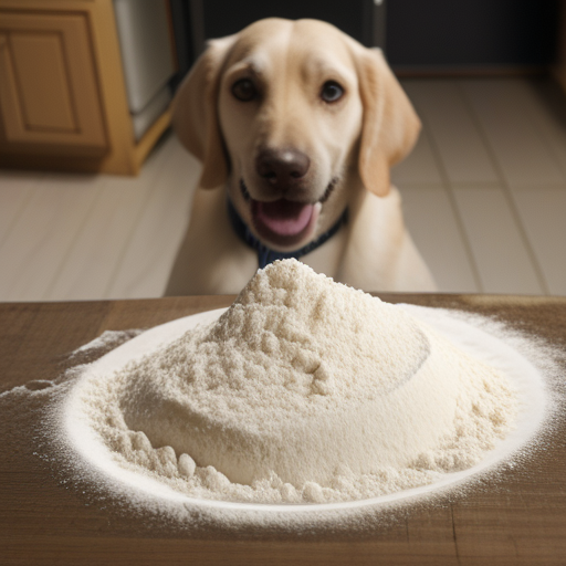 A Curious Labrador Dog Observes a Pile of Flour on the Countertop.