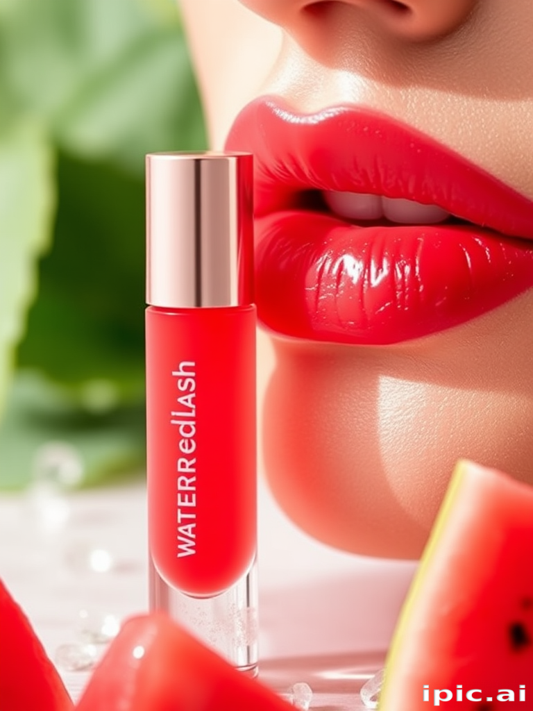 Vibrant Watermelon Lip Gloss Next to Luscious Lips and Fresh Slices