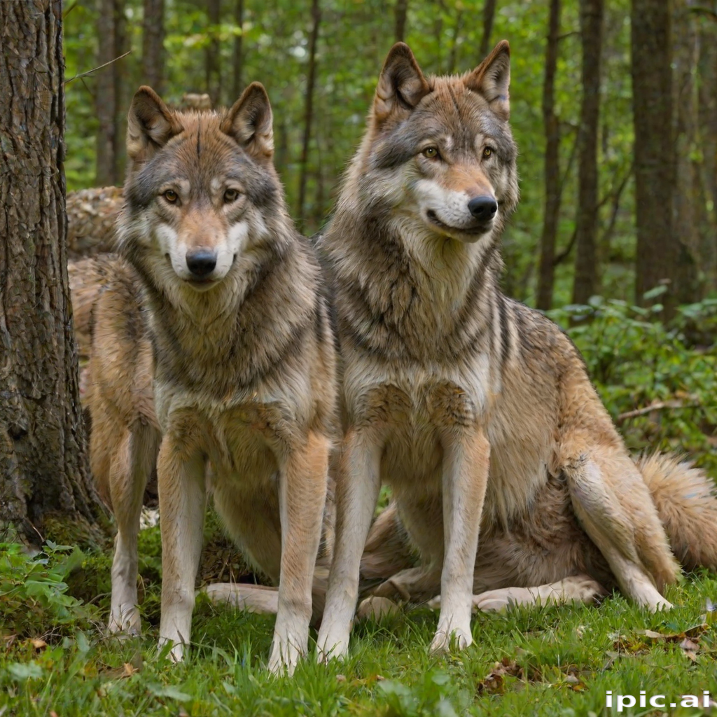 Two Majestic Wolves Standing Together in a Lush Forest Setting