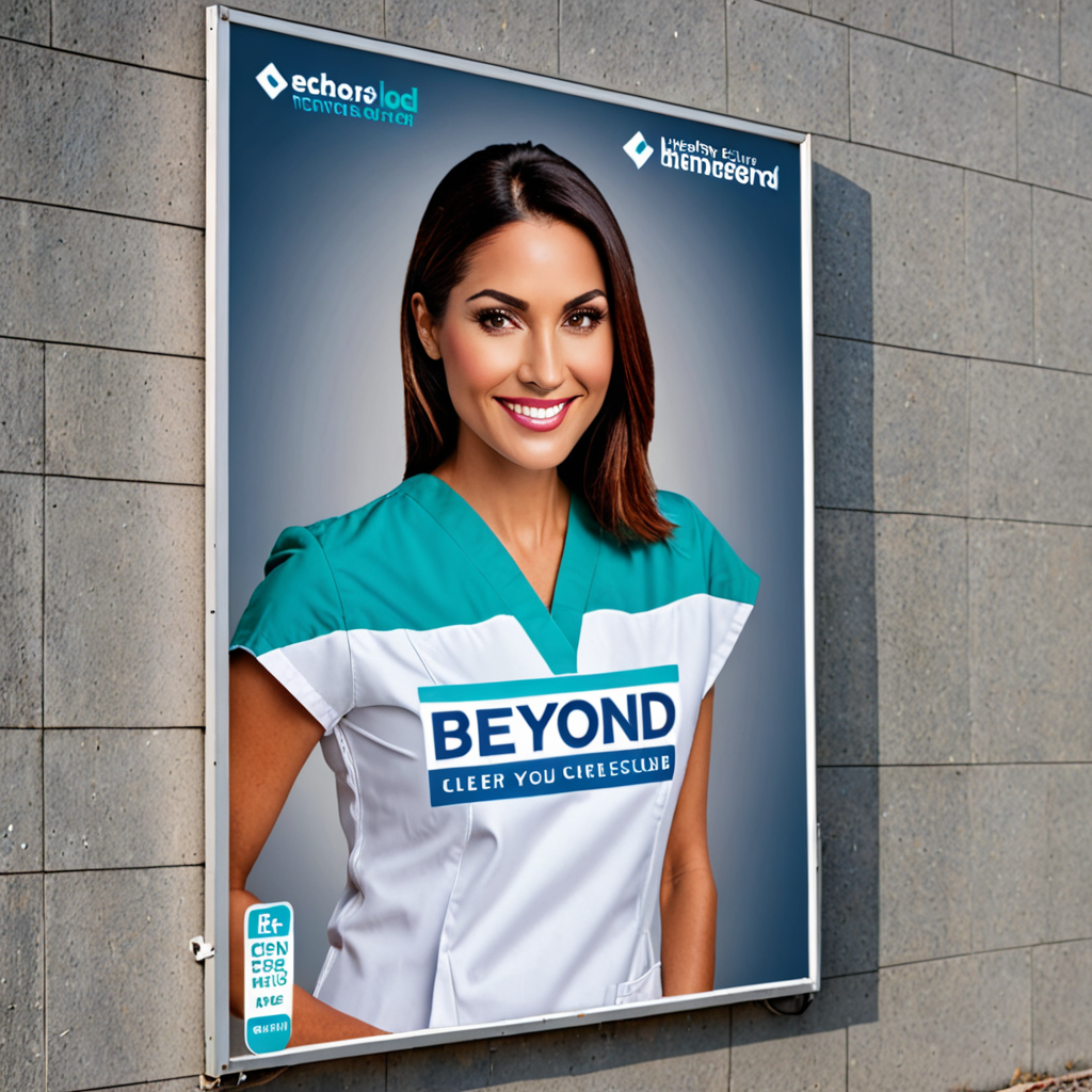 Beyond Care Scrubs printed on a billboard